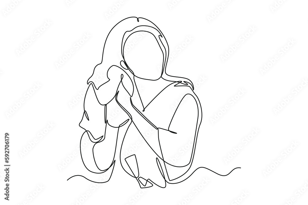 Single one line drawing woman drying his hair with towel. Bathroom ...