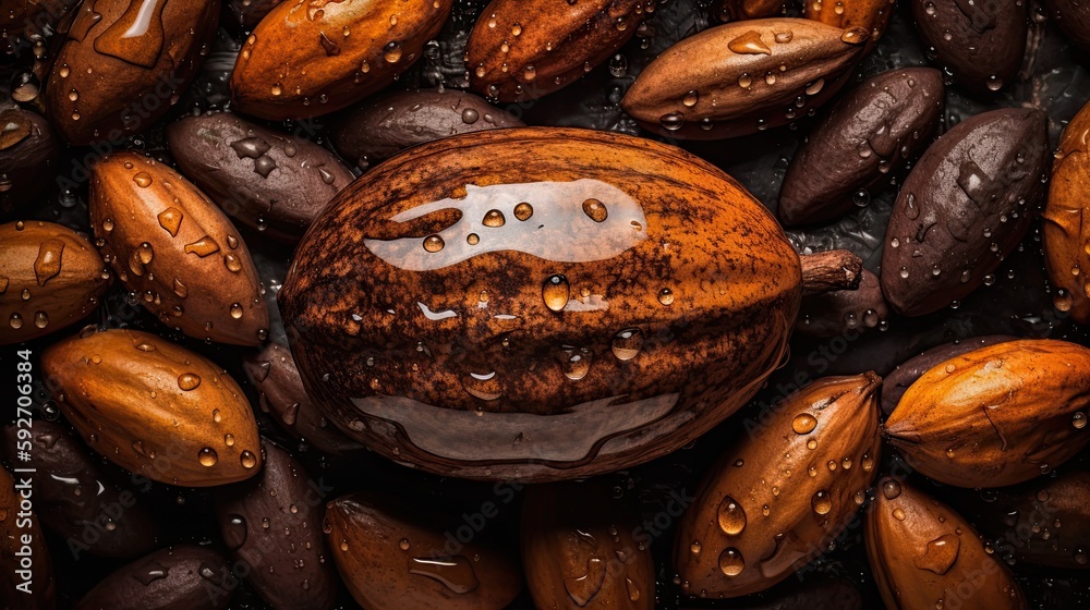 Cocoa pods and cocoa beans chocolate basis background with water drops ...
