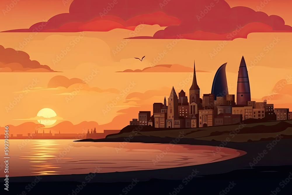 Caspian Sea Boulevard in Baku at a period when sun cartoons are popular ...