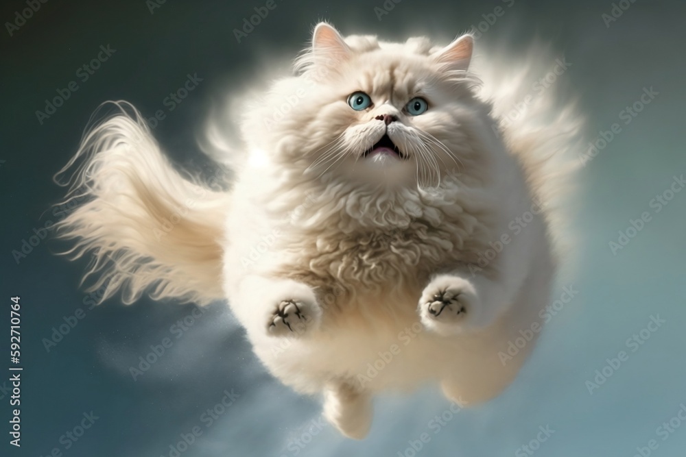 A white fluffy cat is surprised by what is flying in the air Stock ...