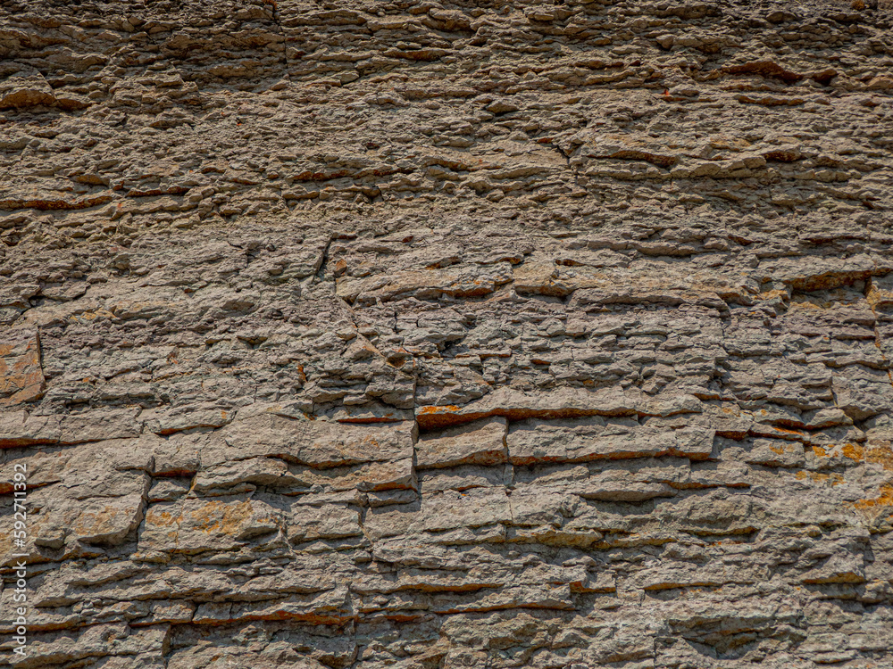Cliffed river shore, klip. Layers of limestone of the Ordovician period ...