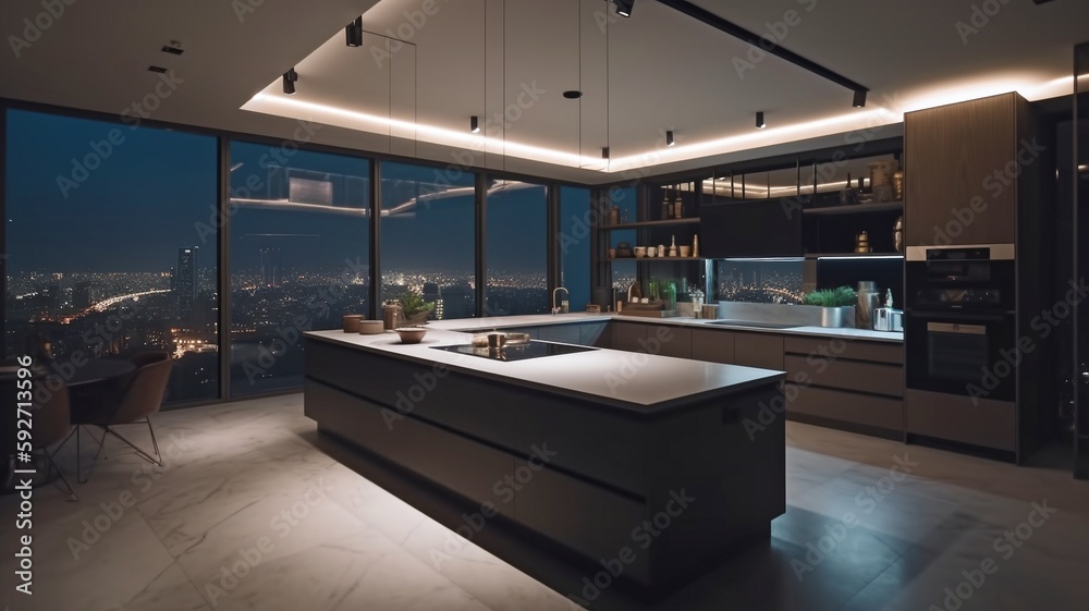 Panorama of a beautiful and modern residence with a luxury kitchen and ...