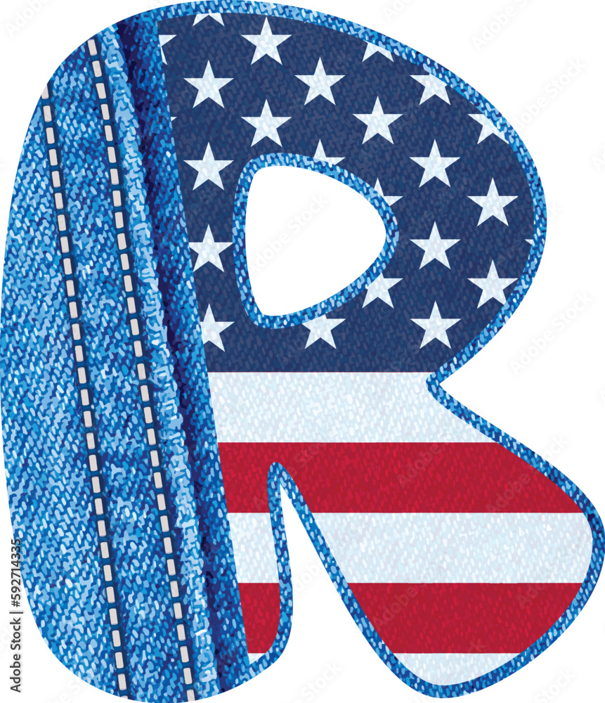 The Vector letter R with the texture of blue jean fabric and US flag ...