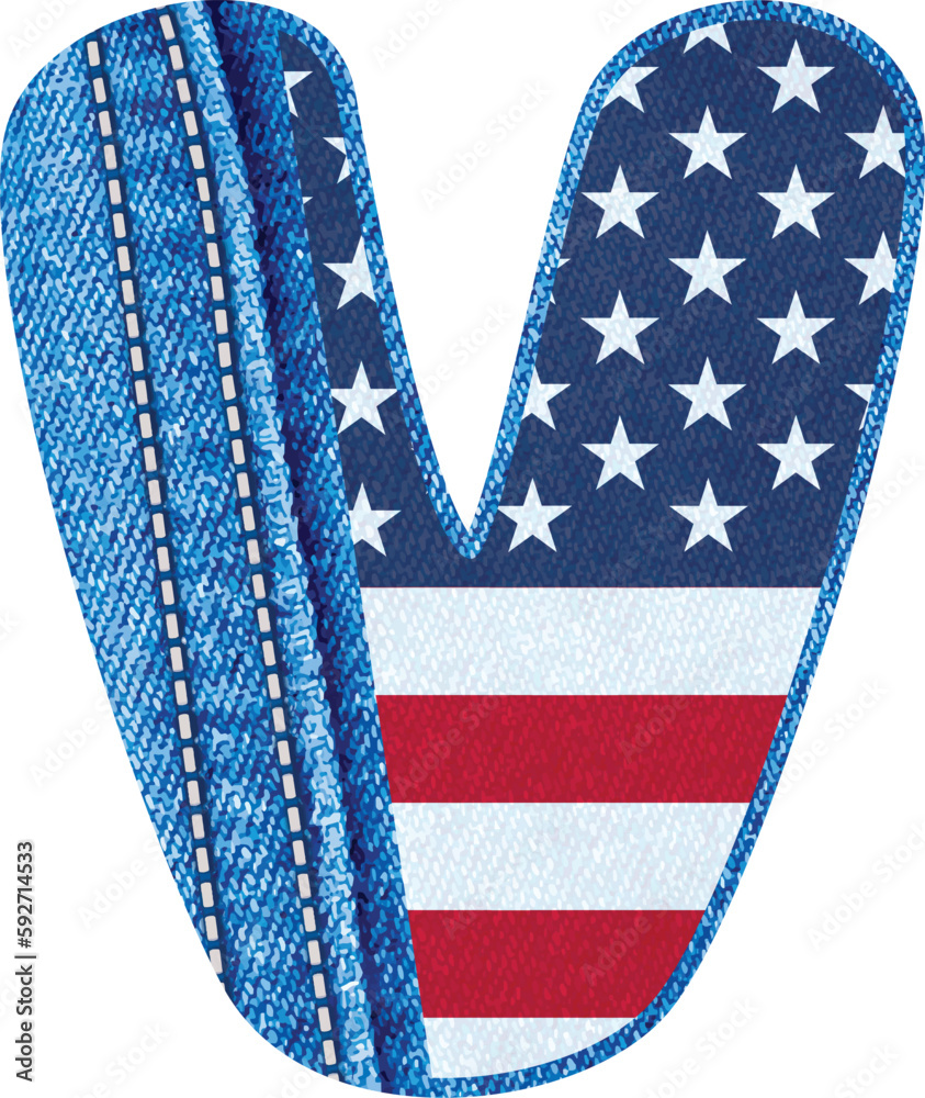 The Vector letter V with the texture of blue jean fabric and US flag ...