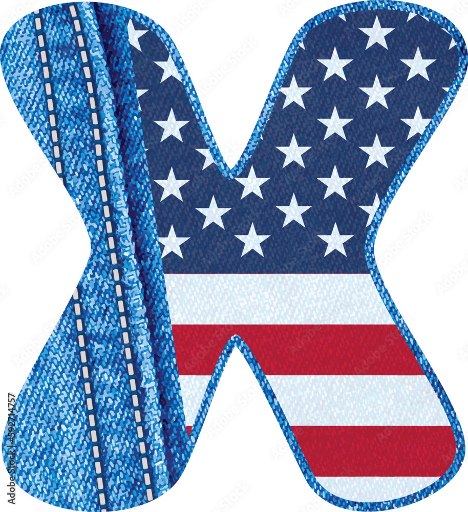 The Vector letter X with the texture of blue jean fabric and US flag ...
