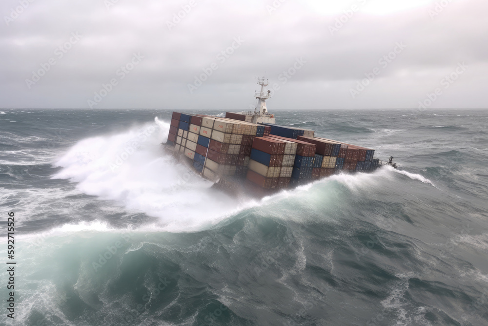 Cargo ship with containers on board in stormy sea. Strong waves damaged ...