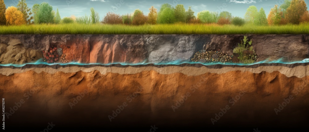 Section of soil with underground water, layers of earth and rocks ...