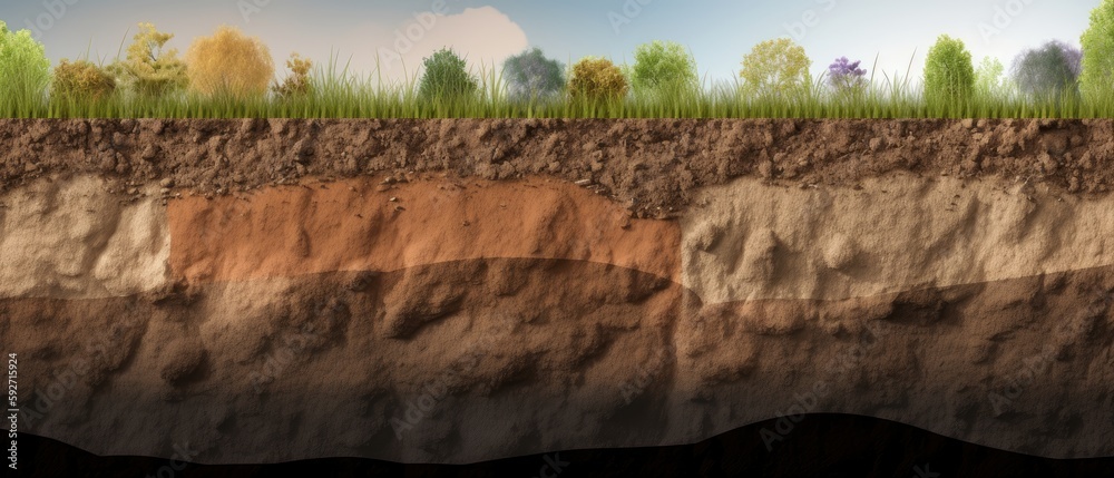 Section of soil with underground water, layers of earth and rocks ...
