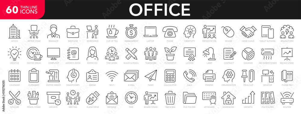 Office line icons set. Office and workspace line icons set. Сhair ...