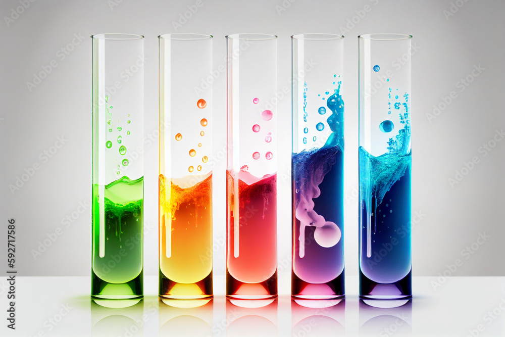 close up of a chemical reactions in test tubes with different colored ...