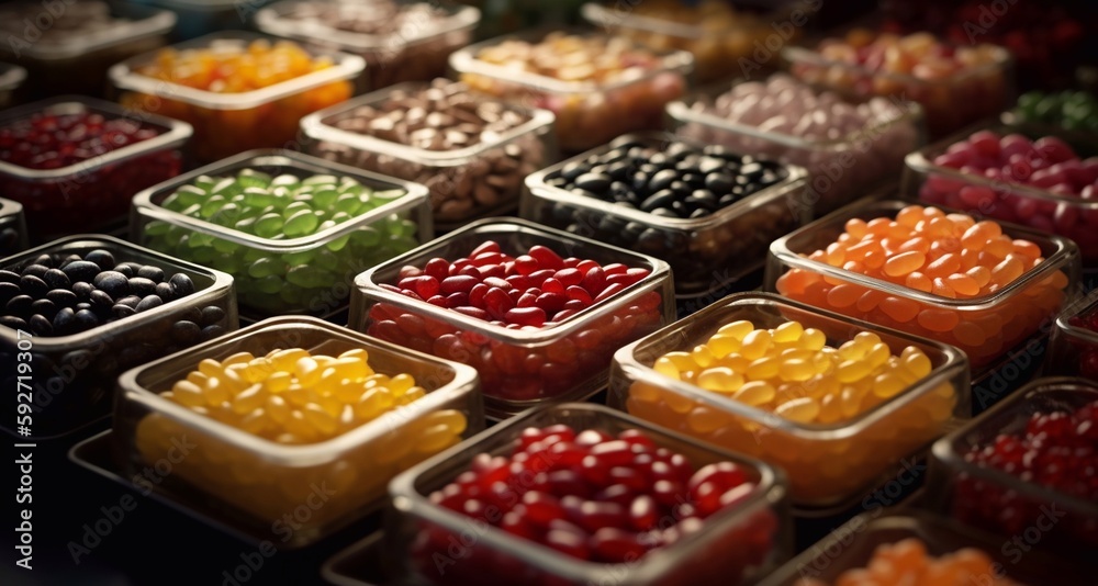 Wide range of different jelly bean varieties in open square containers ...