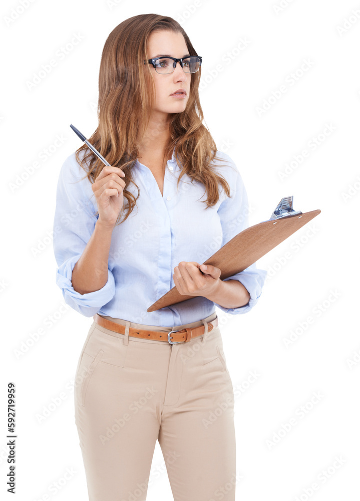 Professional woman with clipboard, thinking with checklist or survey ...