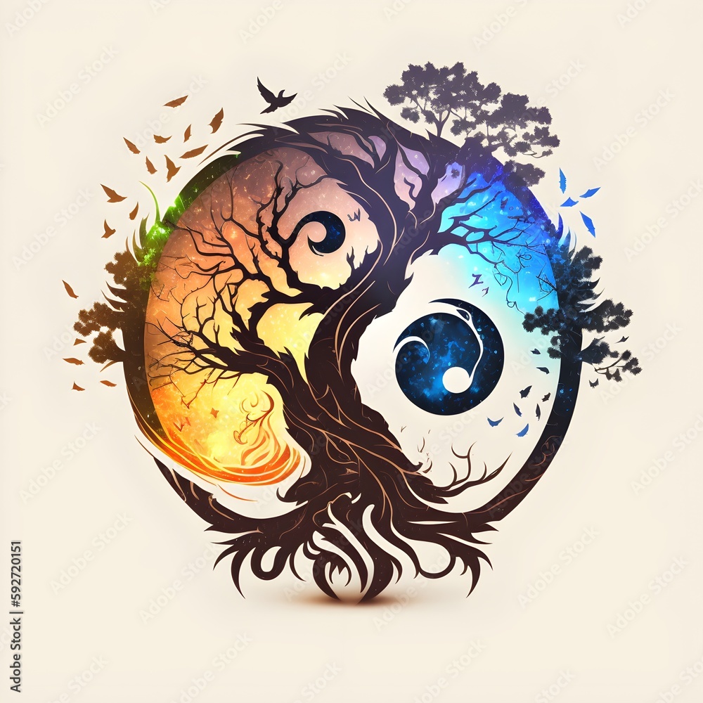 logo of fantasy tree in yin yang shape and magical lights around it ...