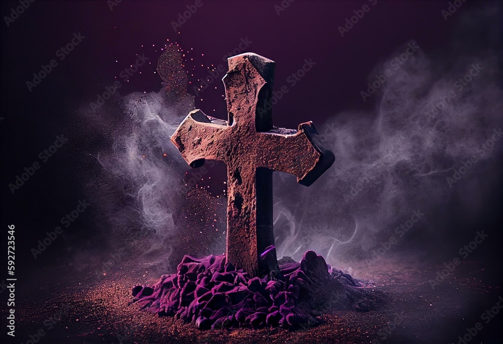 Christian cross of ashes on a deep purple background with copy space ...