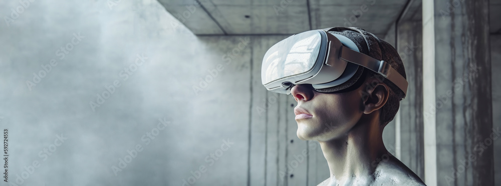 Statue of man wearing virtual reality goggles against background of ...