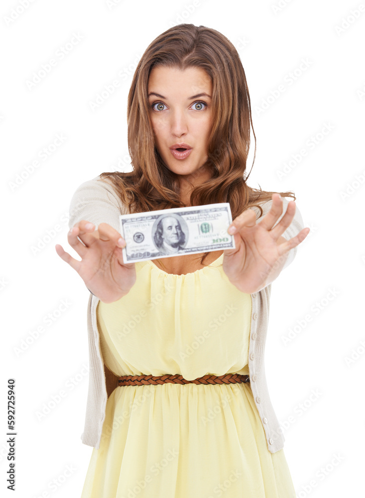 Woman with surprise face, cash and dollar in portrait, wow and show ...