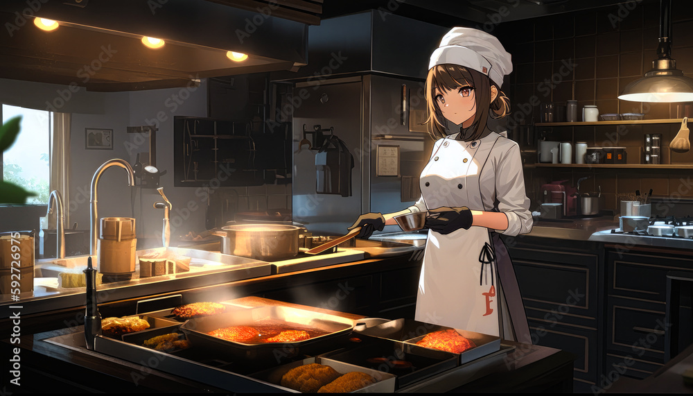 Title: anime cartoon girl chef cooking Stock Illustration | Adobe Stock