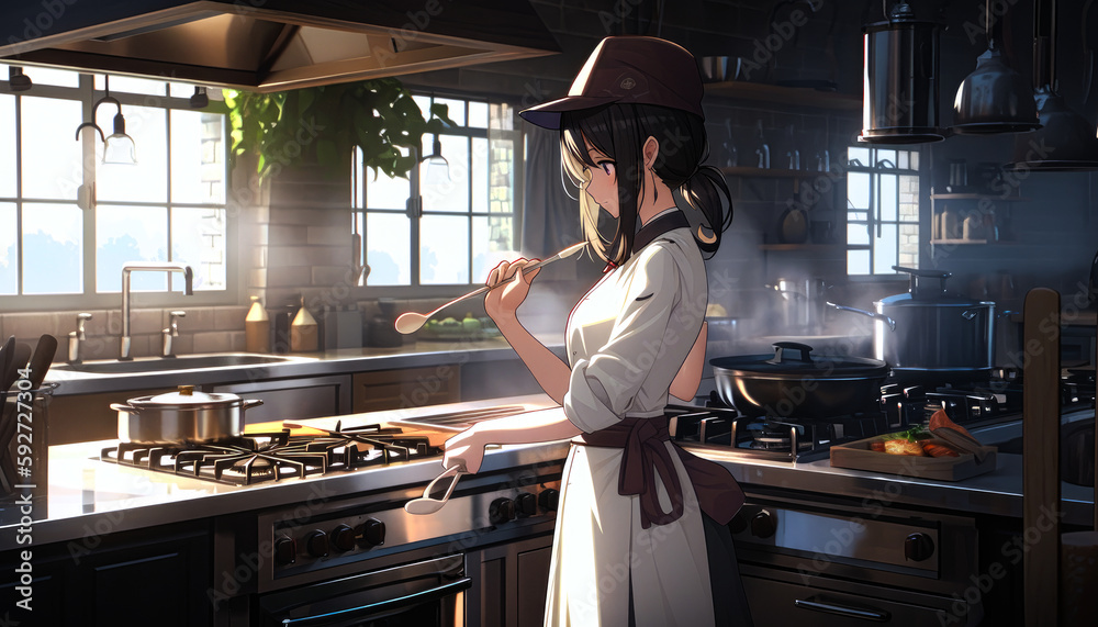 Title: anime cartoon girl chef cooking Stock Illustration | Adobe Stock