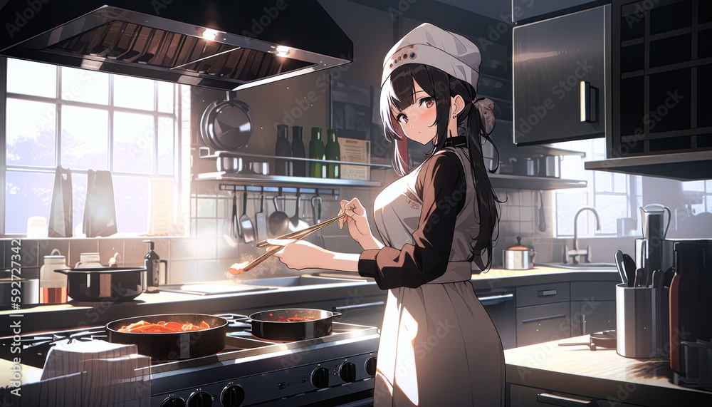 Title: anime cartoon girl chef cooking Stock Illustration | Adobe Stock
