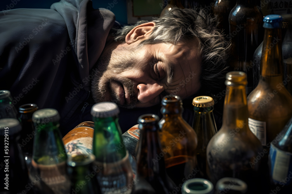 Homeless alcoholic sleeps outside in a city street next to a pile of ...