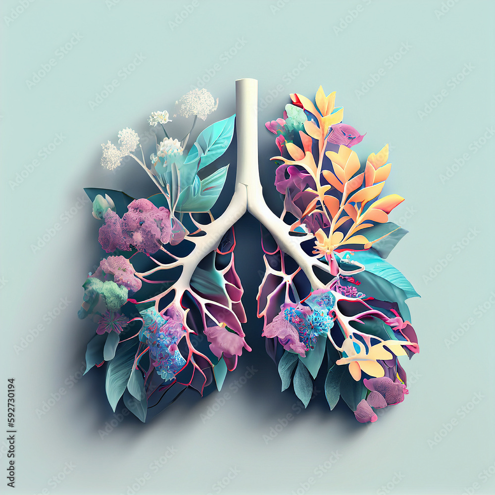 Lung with flowers for fresh healthy breathing air, environment concept ...