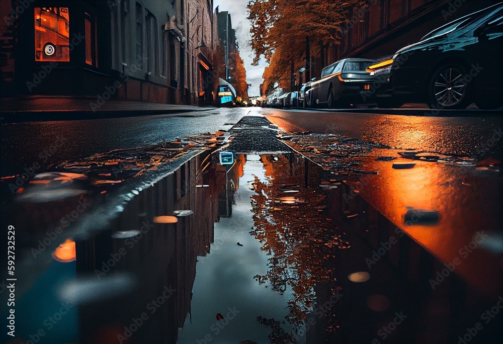 Outdoor street in rain, pavement in puddles, sky with clouds , ai ...