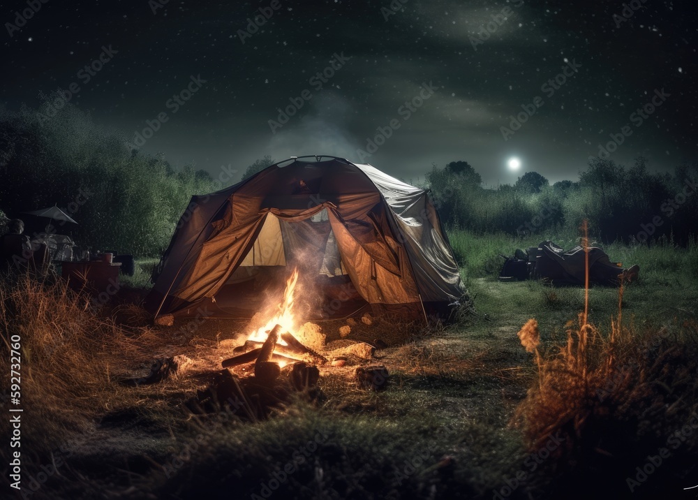 Night camping near bright fire in spruce forest under starry magical ...