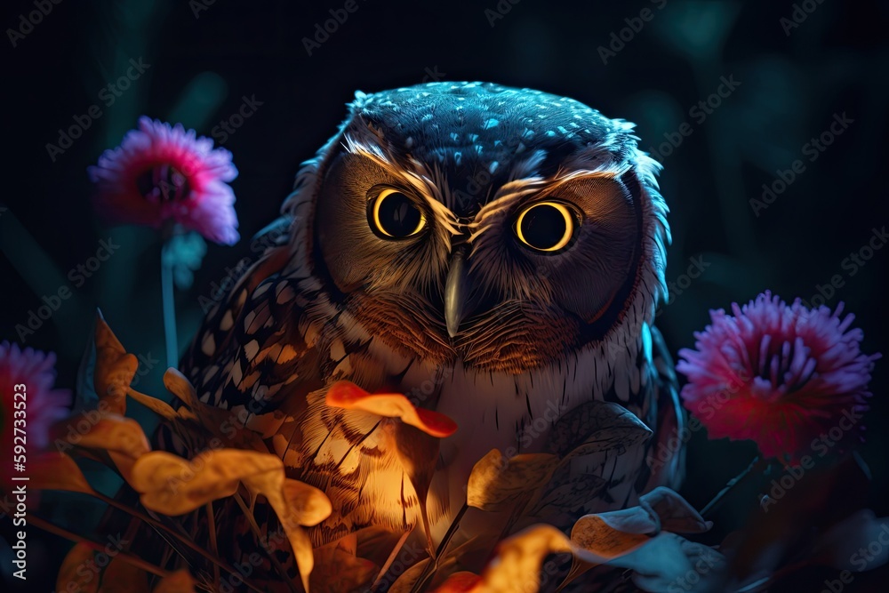 ultra high resolution hyperrealistic neon glowing metalic owl in close ...