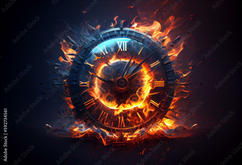 The clock face consumed by flames serves as a powerful reminder that ...