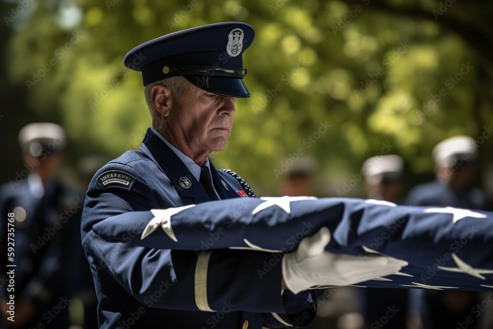 A military honor guard performing a ceremonial flag folding at a ...