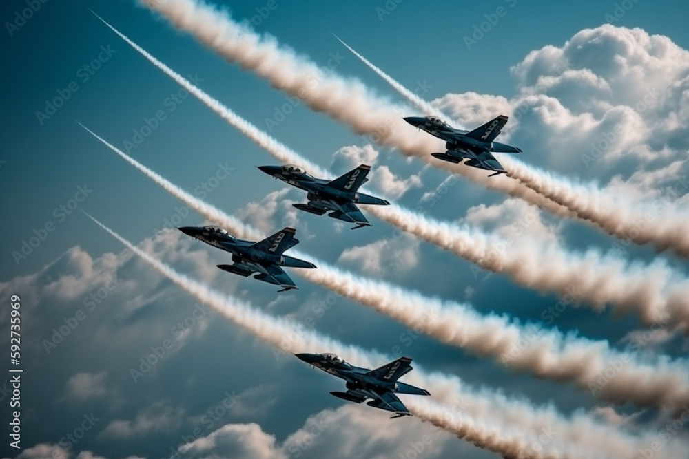 Military aircraft flying in formation, leaving trails of smoke in a ...