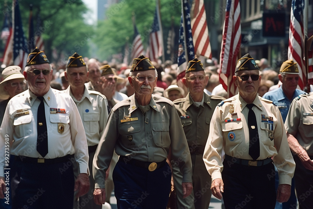 Veterans marching in a Memorial Day parade, carrying banners and flags ...
