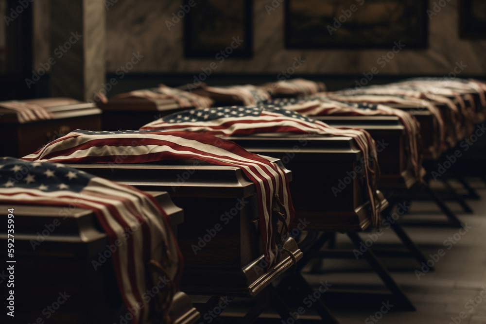 American flags draped over the coffins of fallen soldiers, awaiting ...