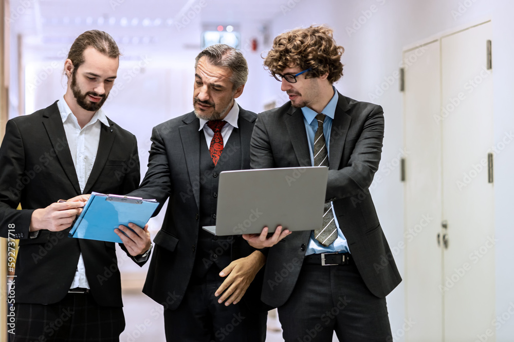 Diverse friend partners colleagues talking walking in modern office ...