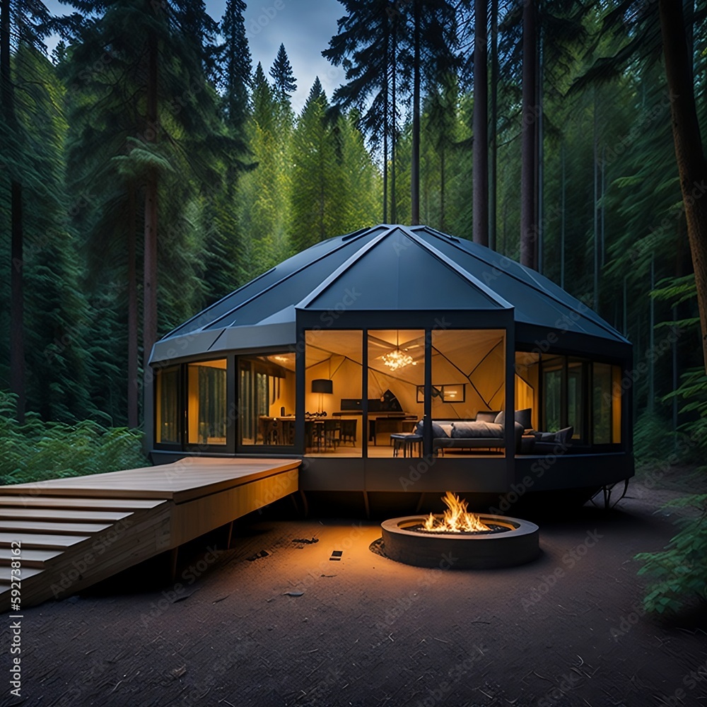A modern geodesic dome with a skylight ceiling, a comfortable futon, a ...