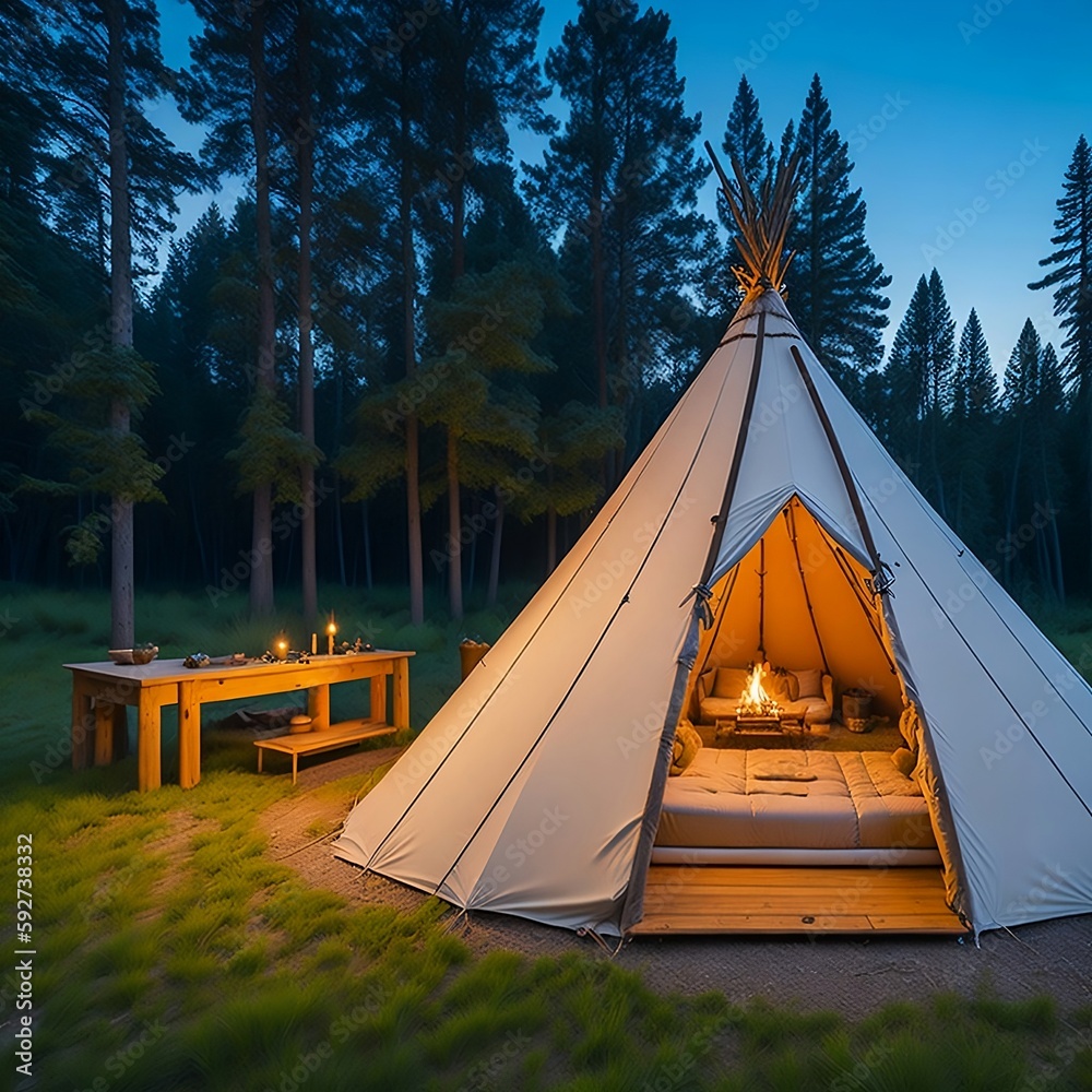 A romantic tipi with a soft queen-size bed, a wood-burning stove, and a ...