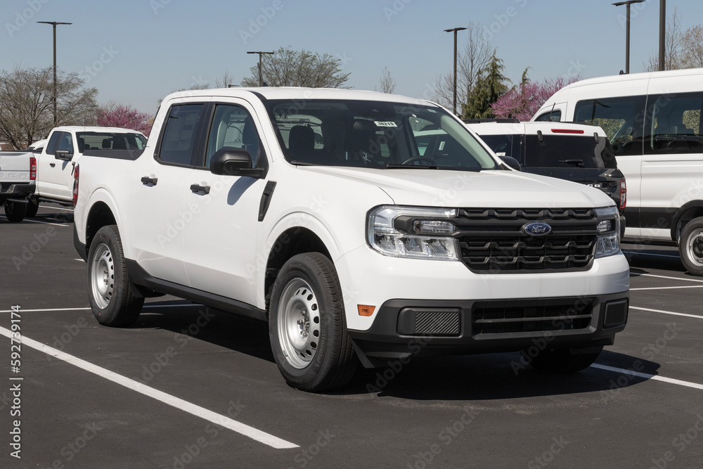 Ford Maverick compact truck display at a dealership. Ford offers the ...