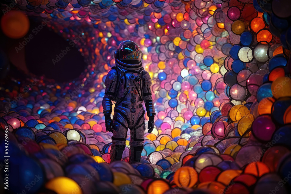 spaceman in the world of glowing, floating orbs, futuristic astronaut ...