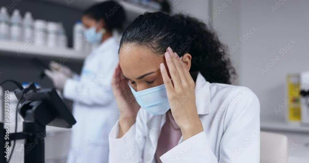 Vidéo Stock Science, stress and woman scientist with headache while ...