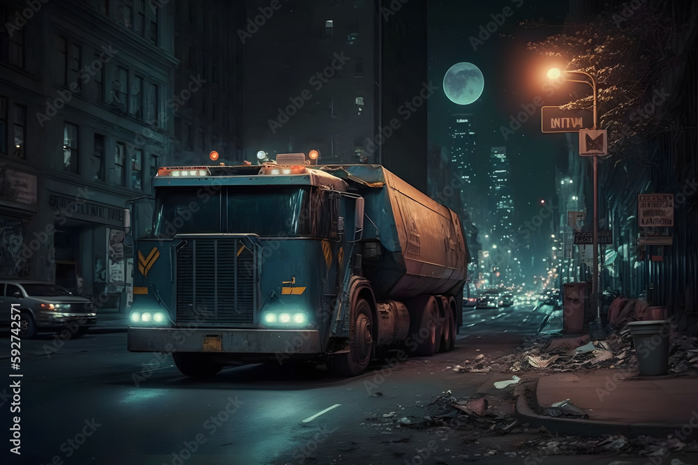 Garbage truck in the night city. Neural network AI generated art Stock ...