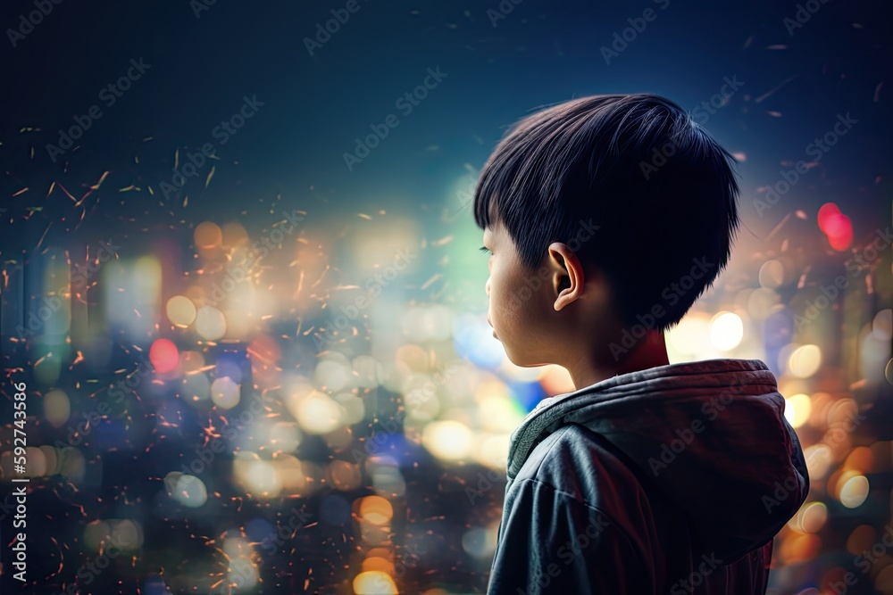 Lonely Young Asian Child in Front of a Big Blurry Urban Capital City ...