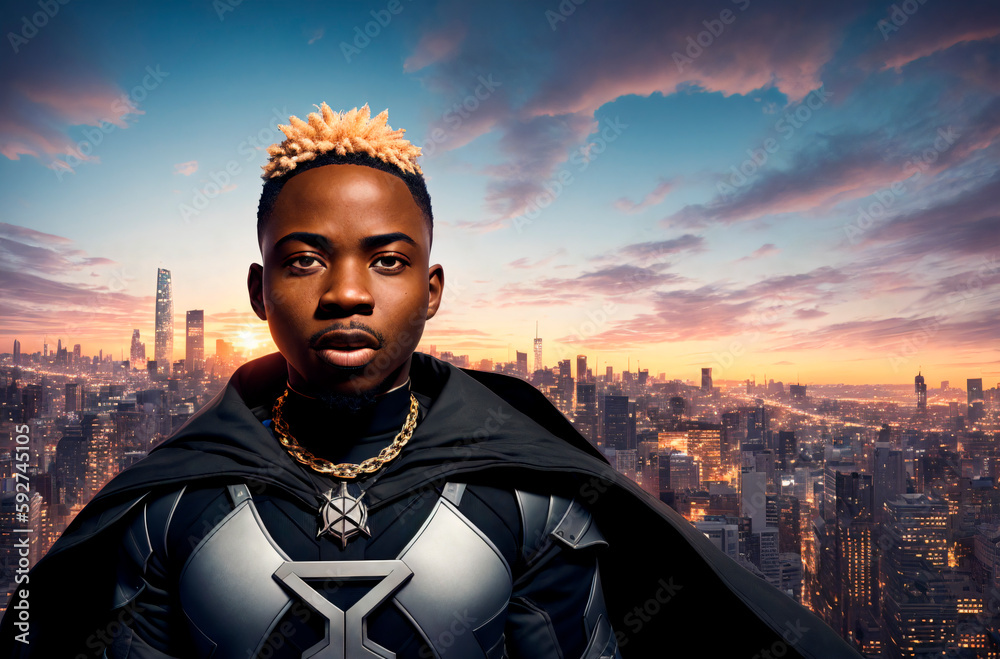African american superhero. Portrait of black man in fantastic costume ...