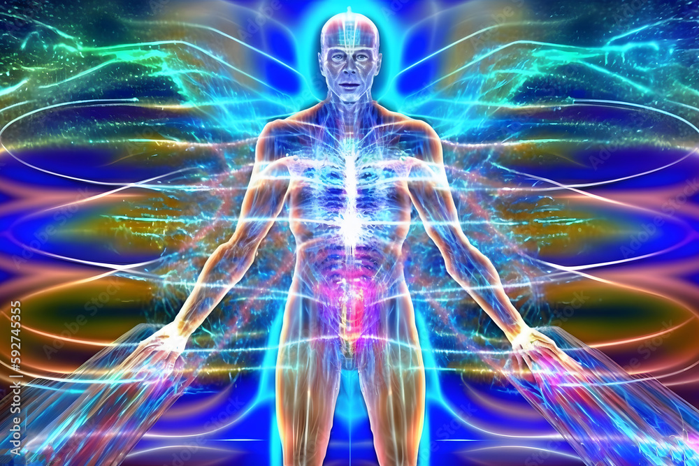 Human aura, spiritual energy, meditation concept. Neural network AI ...