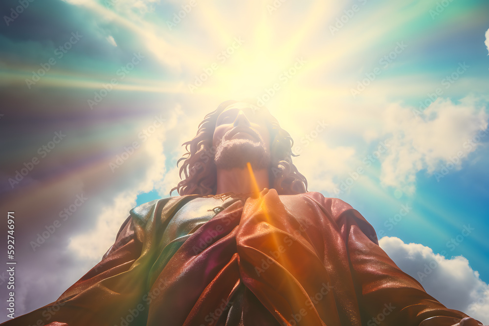 Jesus with raised hands appeared from the clouds and the sky with ...