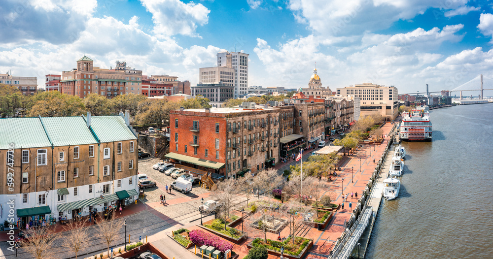 Aerial View Of Savannah Georgia Skyline Along River Street Savannah Aerial View Of Savannah Georgia Skyline Along River Street Savannah