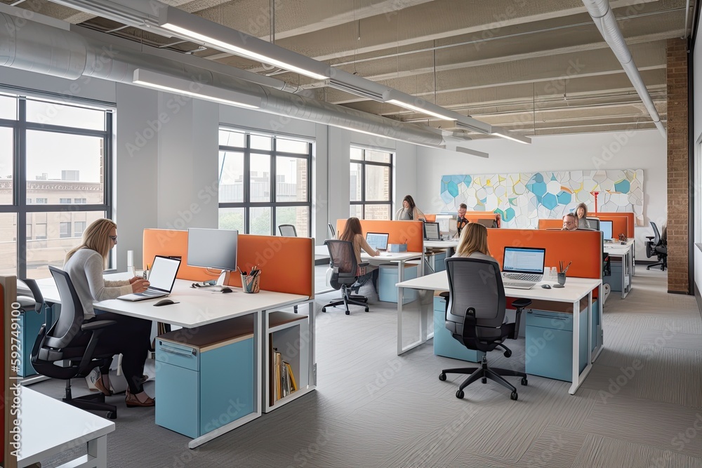collaborative open office space with flexible workstations, comfortable ...
