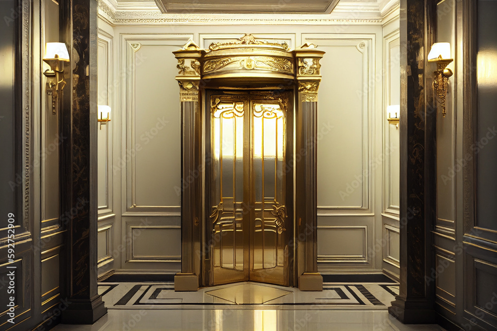 Antique style, hall and doors of a classic elevator in an old-fashioned ...