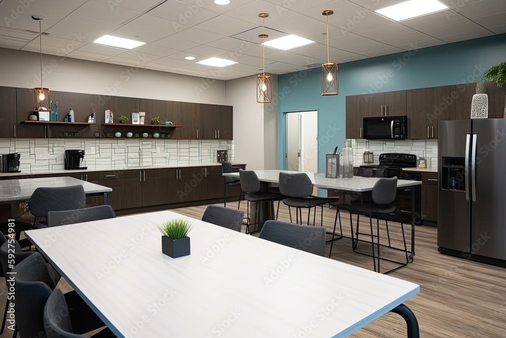 Ilustrace „modern breakroom with cozy seating, a fully stocked pantry ...