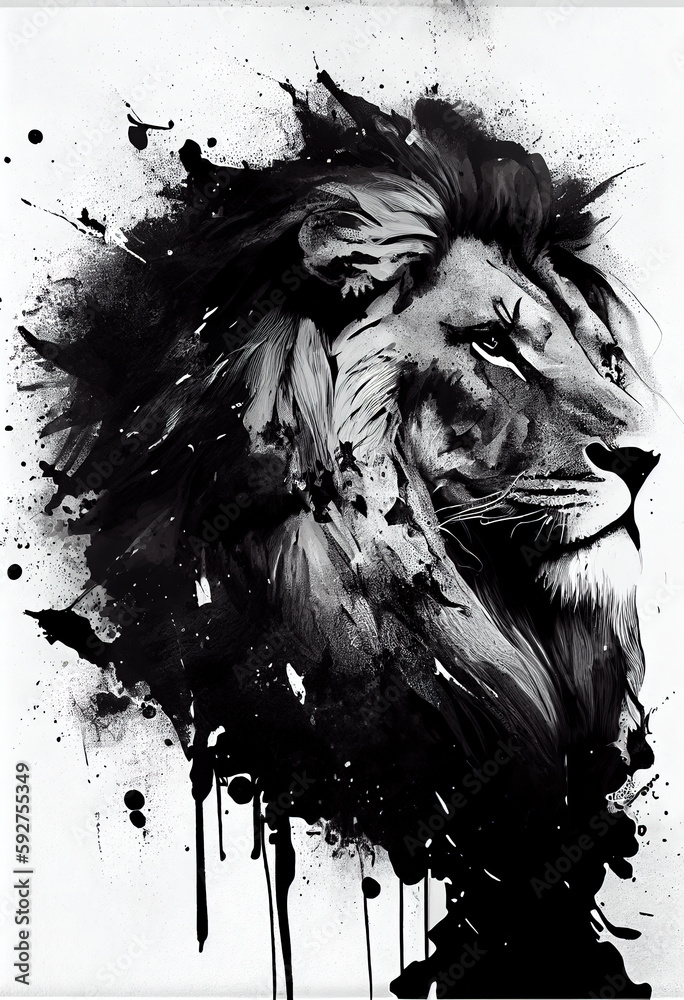 Black and white ink lion print. AI render. Stock Illustration | Adobe Stock