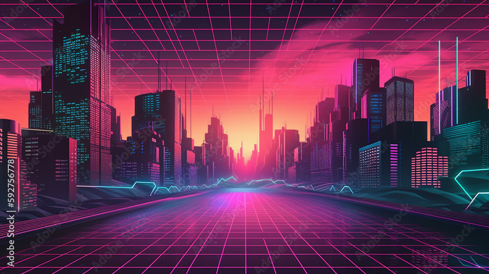 Synthwave retro cyberpunk style landscape background banner or ...